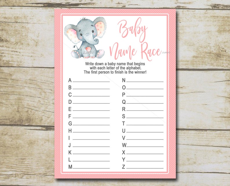 Girl Elephant Baby Shower, Baby Names Race Game, Pink Elephant Safari ...