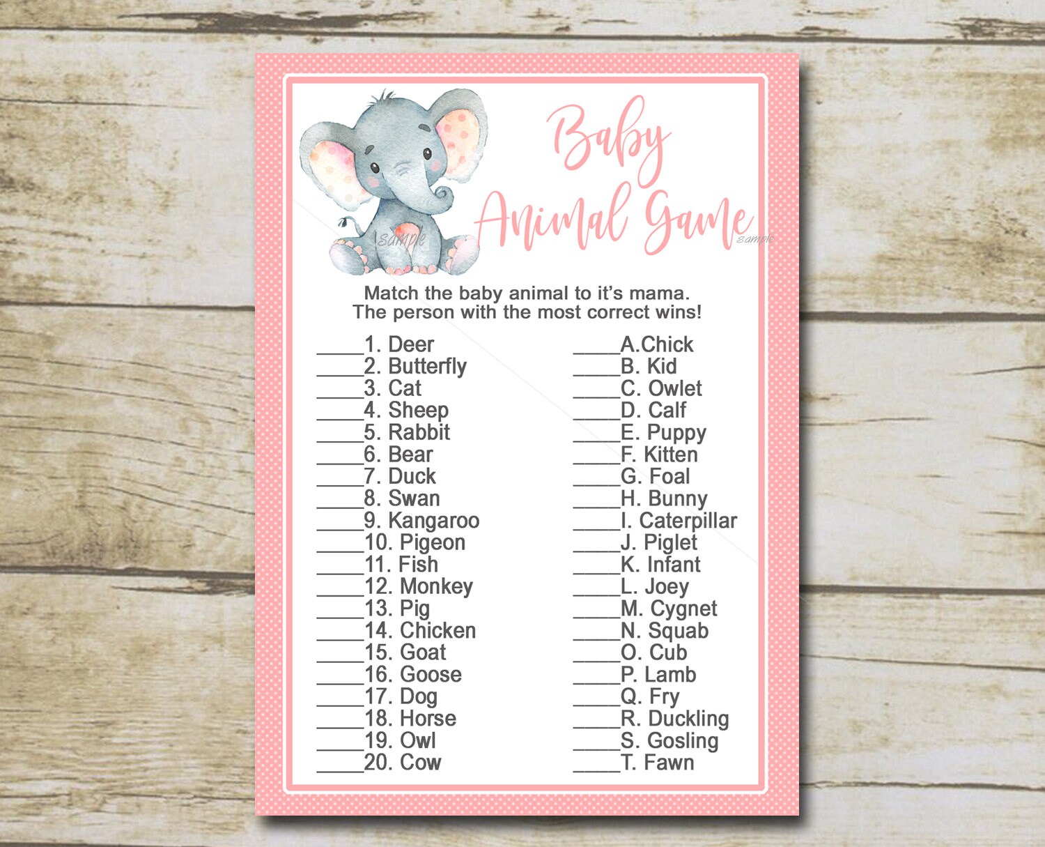 Girl Elephant Baby Shower Game Baby Animal Game Pink girl | Etsy