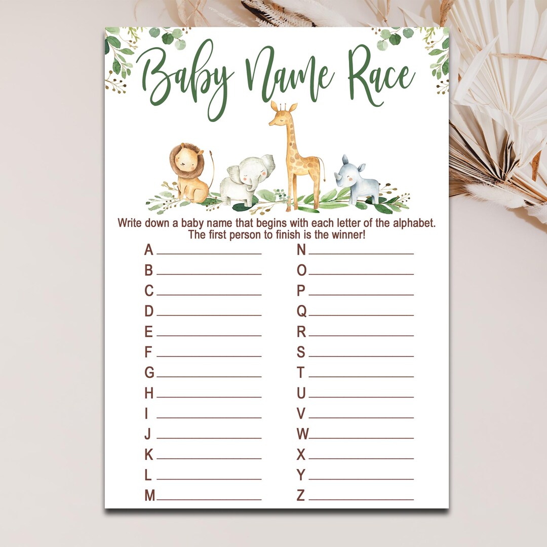 Safari Baby Shower Game, Baby Names Race Game, Greenery Jungle Animals ...