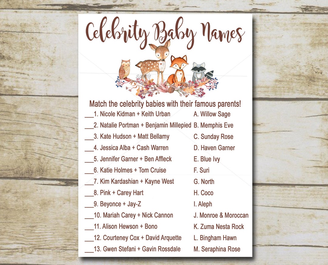Woodland Baby Shower Game, Celebrity Baby Names Game, Woodland Forest ...