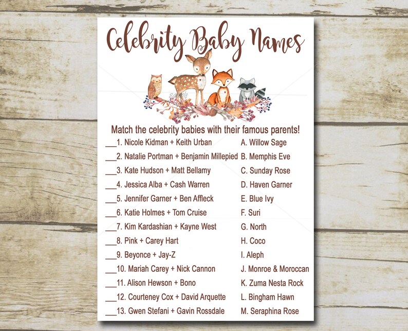 Woodland Baby Shower Game Celebrity Baby Names Game Woodland | Etsy