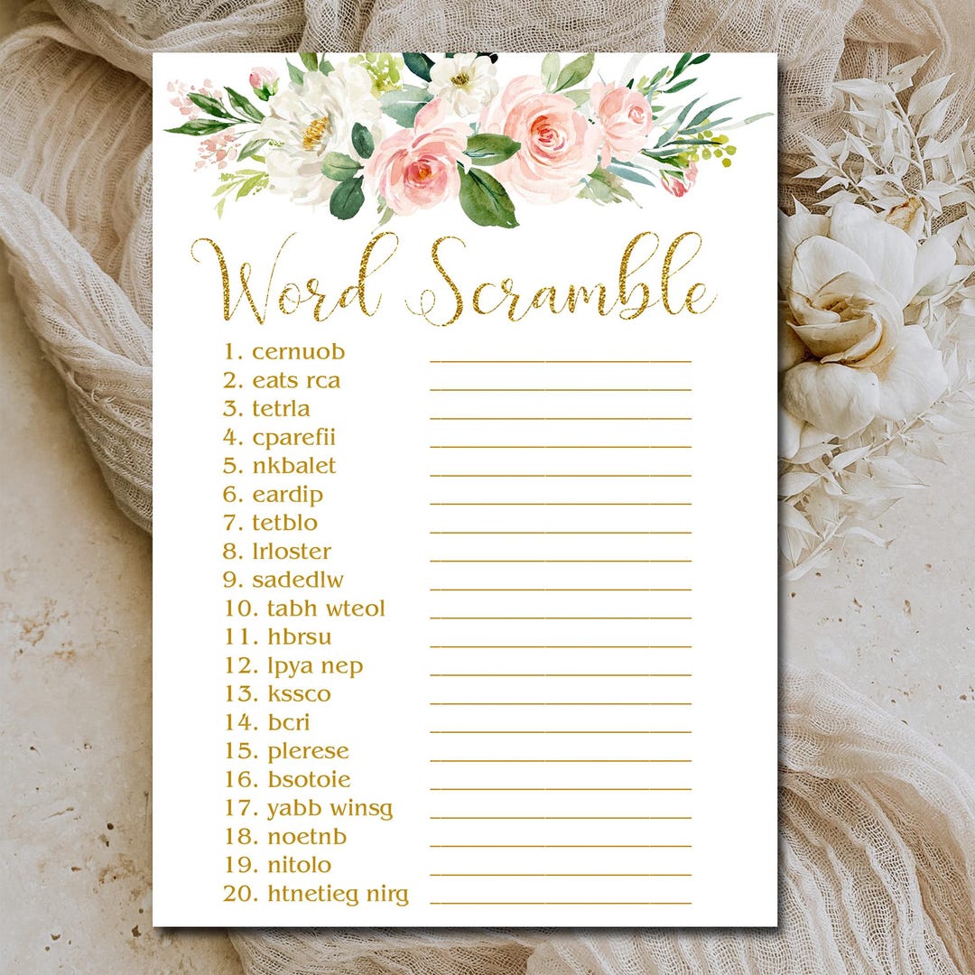Gold Floral Baby Shower Game, Word Scramble Game, Scramble Shower Game ...