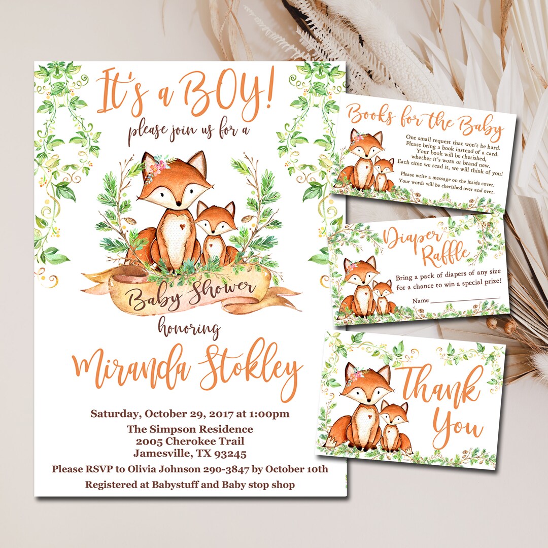 Fox Baby Shower Invitation Kit, Editable Invitation Template, Greenery ...