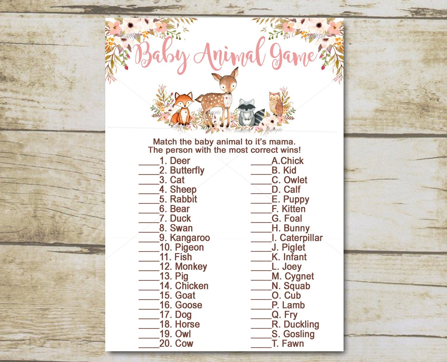 Girl Woodland Baby Shower Game, Baby Animal Game, Girl Woodland Forest ...