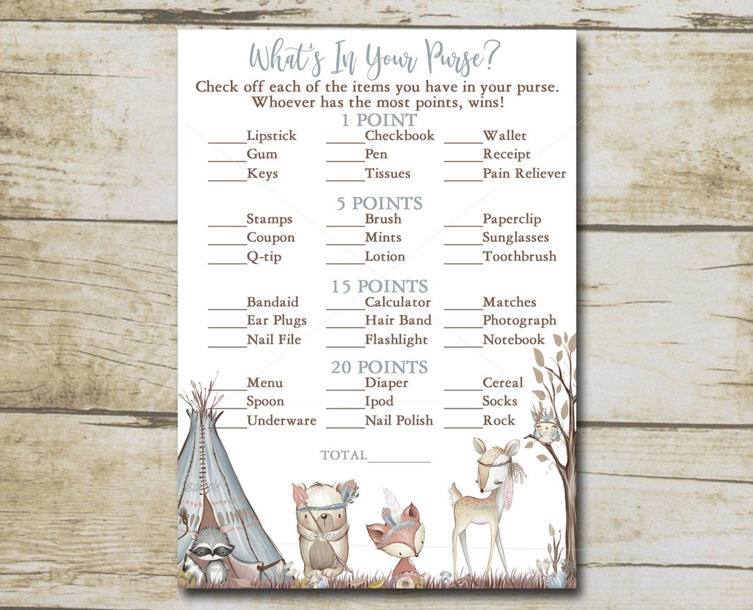 Boy Woodland Baby Shower Game, Whats in Your Purse Game, Blue Boho ...