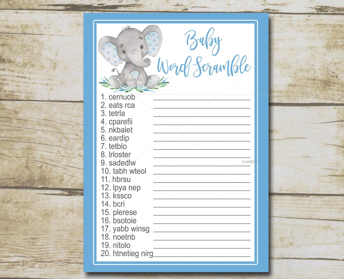 Blue Elephant Baby Shower Game Word Scramble Game Boy Safari - Etsy