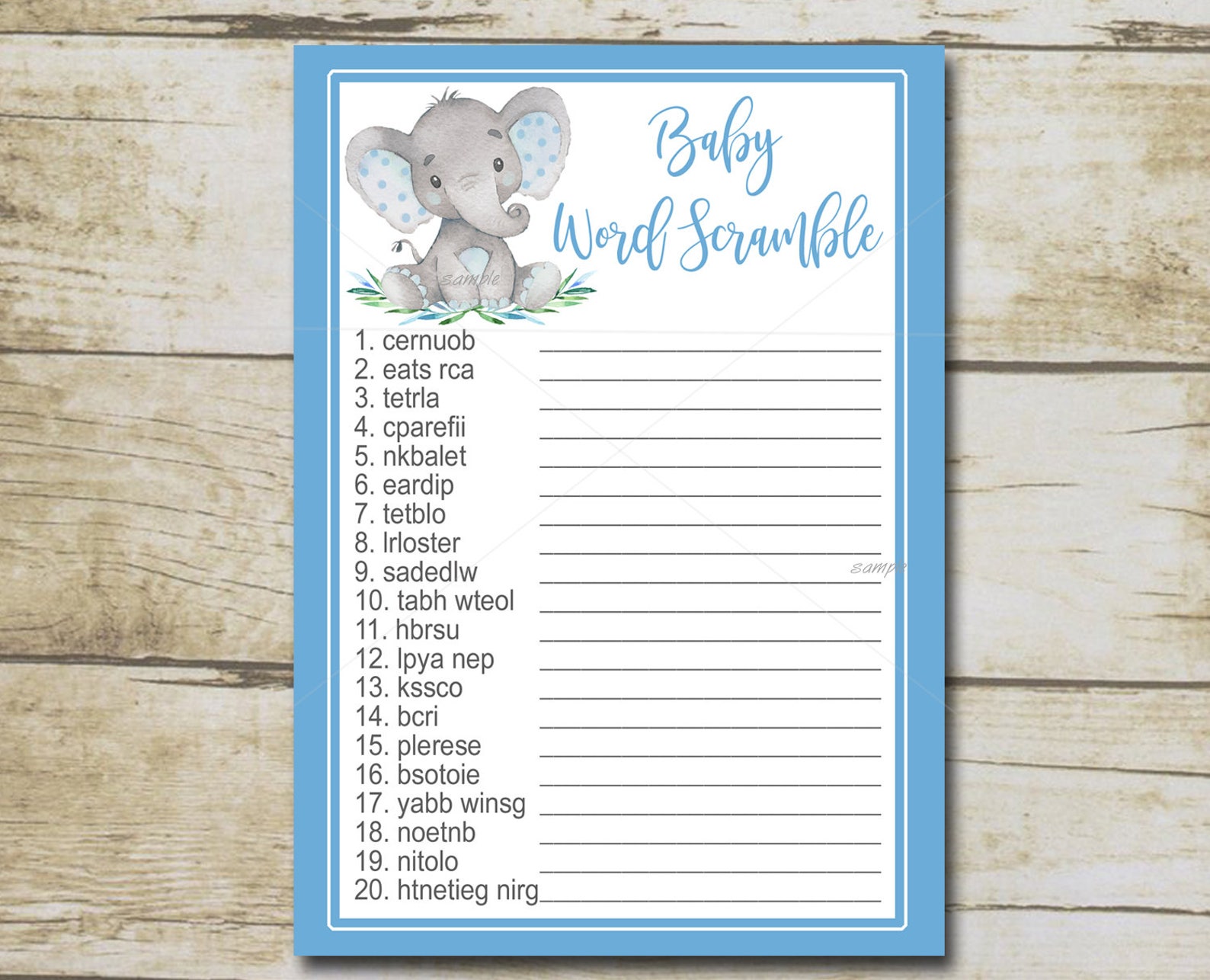Blue Elephant Baby Shower Game Word Scramble Game Boy Safari - Etsy
