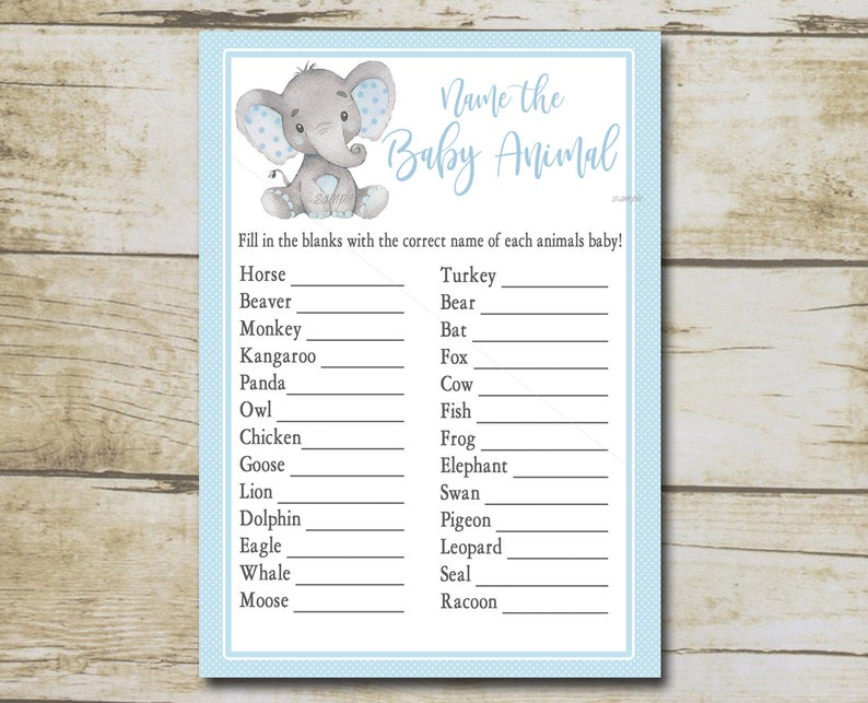 Elephant Baby Shower Game, Name the Baby Animals, Blue Boy Safari Baby ...