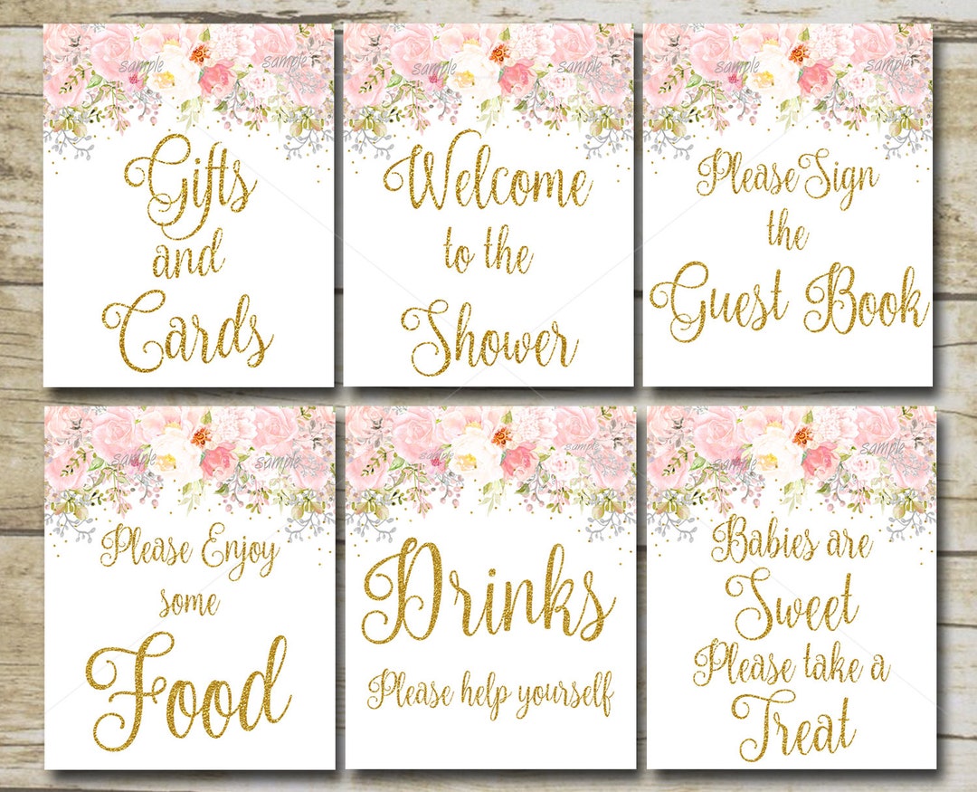 Gold Glitter Baby Shower Signs 6 Printable Table Signs, Pink Floral ...