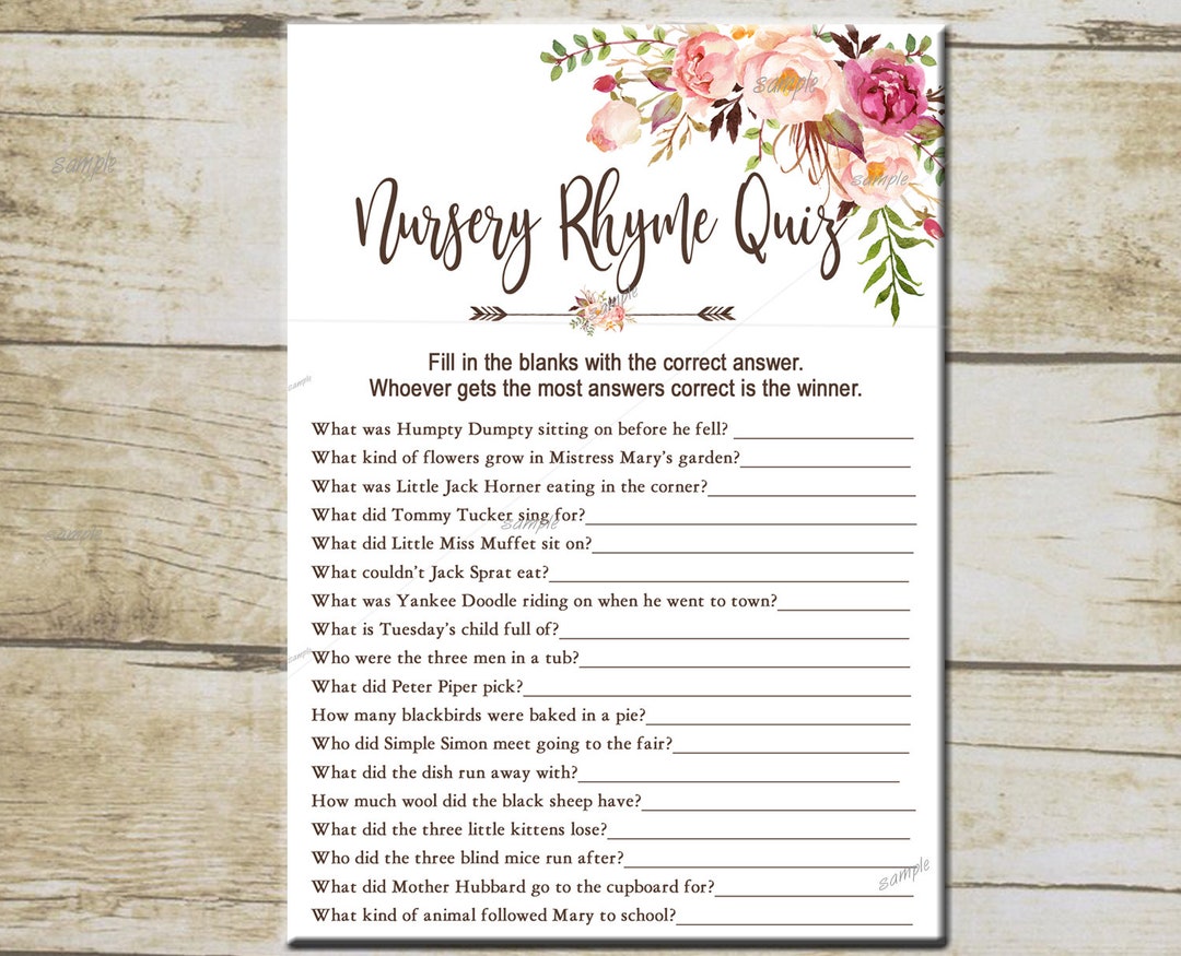 Boho Peach Floral Baby Shower Game, Nursery Rhyme Quiz Game, Pink ...