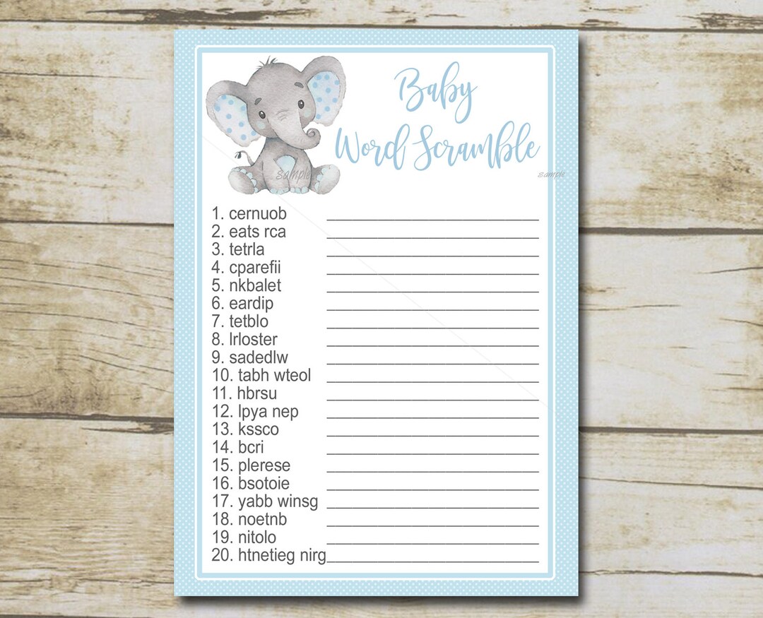 Blue Elephant Baby Shower Game, Word Scramble Game, Boy Safari Baby ...