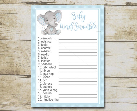 Elephant Baby Shower Word Scramble Printable Elephant Themed Baby