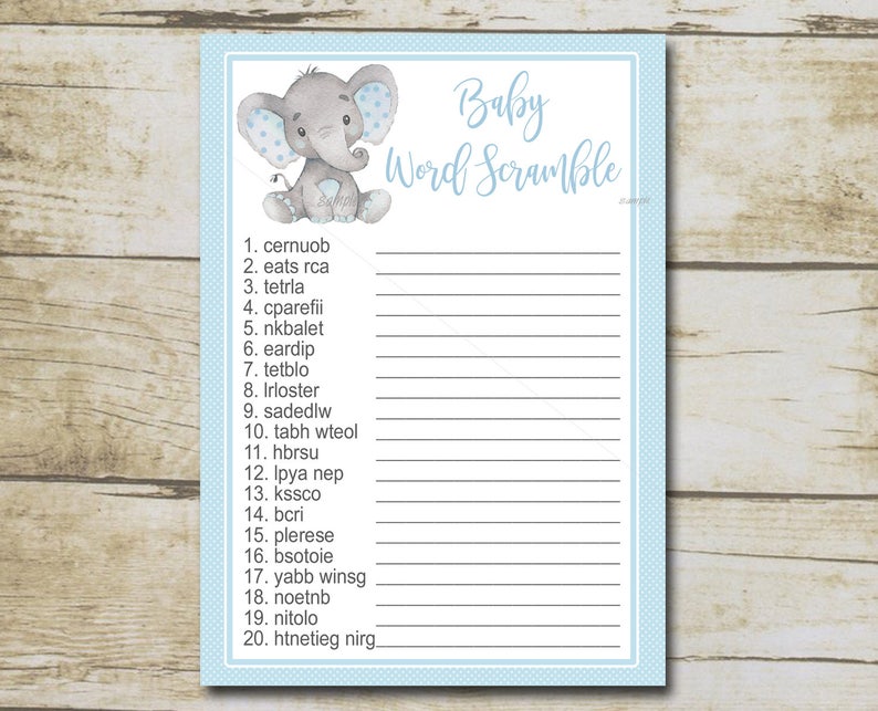 Blue Elephant Baby Shower Game Word Scramble Game Boy Safari | Etsy