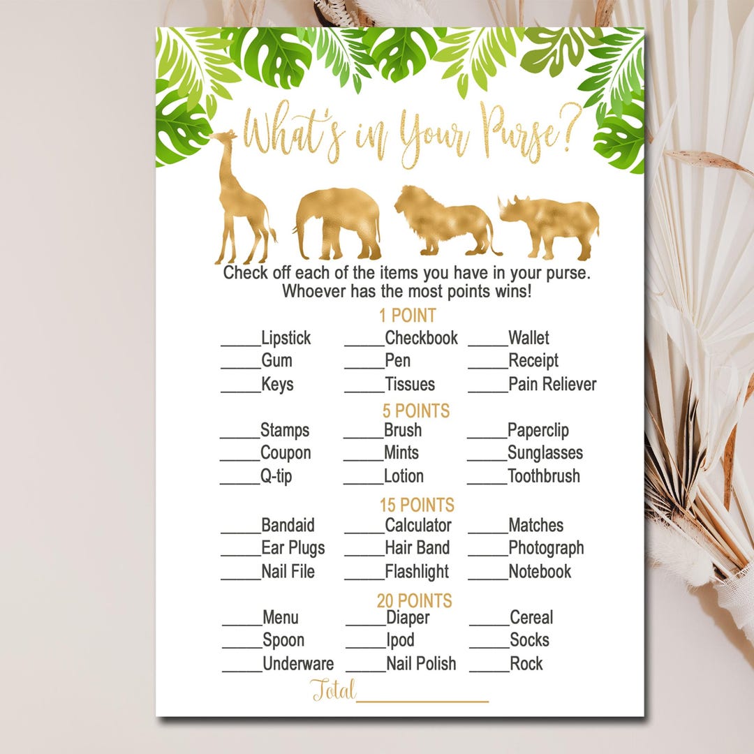Gold Safari Baby Shower Game, Whats in Your Purse Game, Girl Baby ...