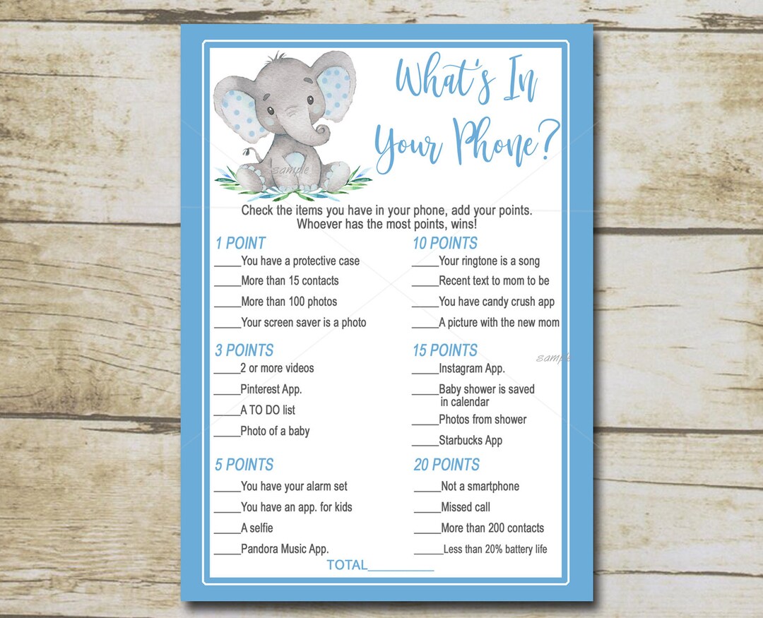 Boy Elephant Baby Shower Game, Whats in Your Phone Game, Blue Elephant ...