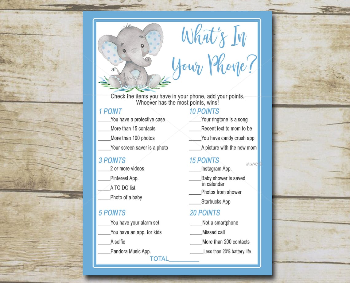 Boy Elephant Baby Shower Game, Whats in Your Phone Game, Blue Elephant ...