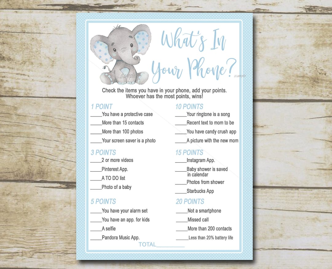 Boy Elephant Baby Shower Game, Whats in Your Phone Game, Blue Elephant ...