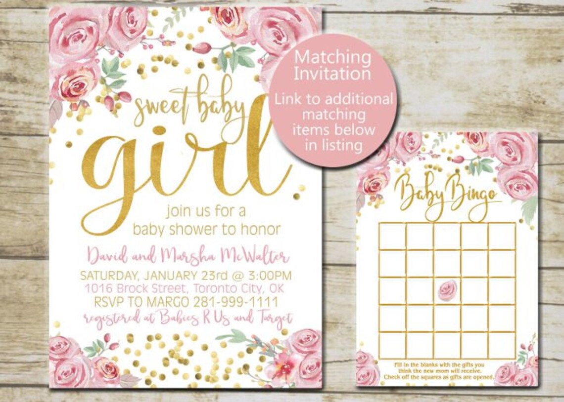 Gold Confetti Baby Shower Bingo Game, Pink Floral Baby Shower Game ...