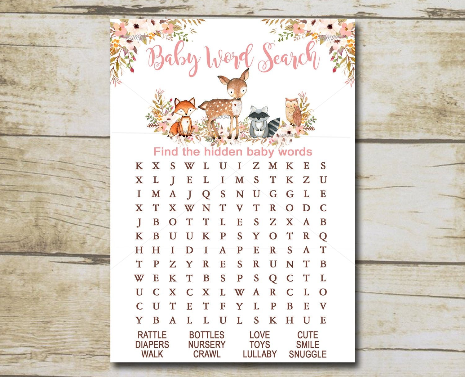 Floral Woodland Baby Shower Game Word Search Game Girl - Etsy