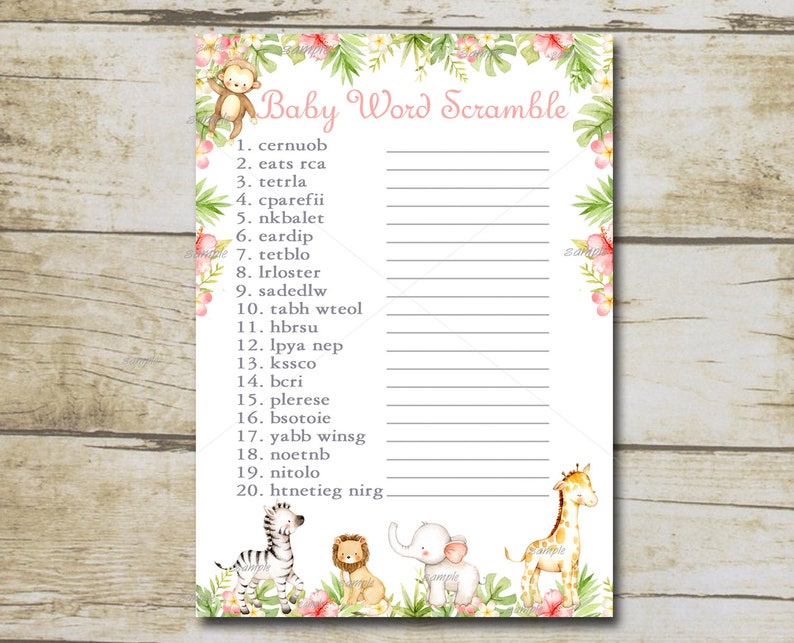 Safari Baby Shower Game, Word Scramble Game, Scramble Shower Game, Pink ...