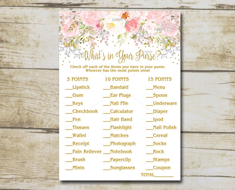 Pink & Gold Floral Baby Shower Game, Whats in Your Purse Game, Girl ...