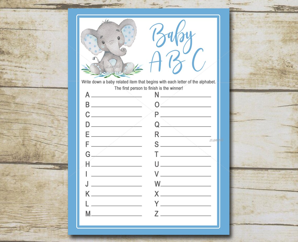 Elephant Baby Shower Game Baby Abc's Game Blue Elephant - Etsy