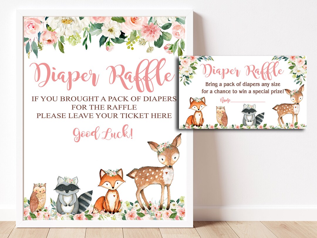 Woodland Diaper Raffle Card Insert and Sign, Girl Pink Floral Boho Baby ...