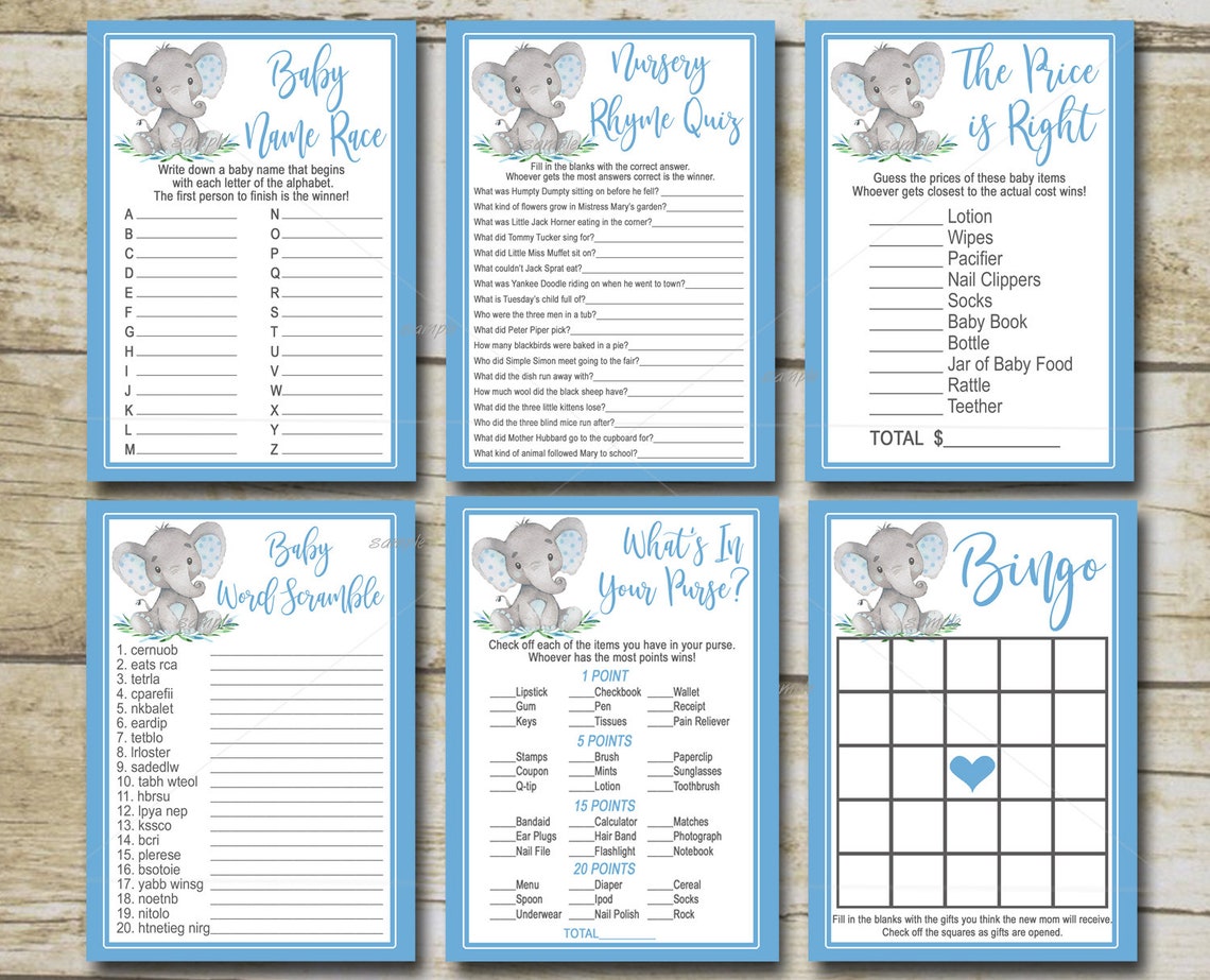 Blue Boy Elephant Baby Shower Game Package Set 8 Printable - Etsy