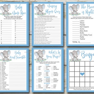 Blue Boy Elephant Baby Shower Game Package Set, 8 Printable Elephant ...