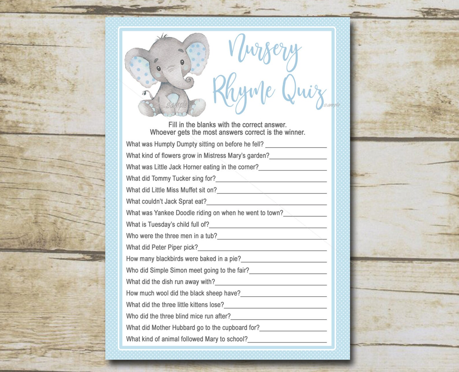 Elephant Baby Shower Game, Nursery Rhyme Quiz Game, Blue Elephant Boy ...