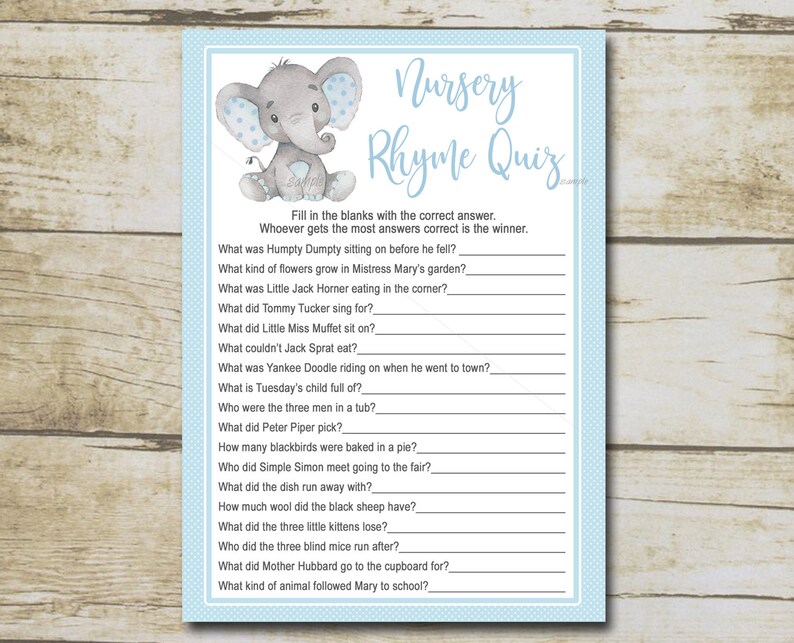 Elephant Baby Shower Game, Nursery Rhyme Quiz Game, Blue Elephant Boy ...
