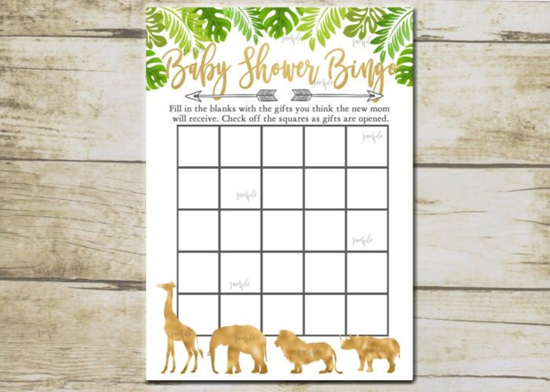 Gold Safari Baby Shower Bingo Game, Safari Greenery Elephant Baby ...