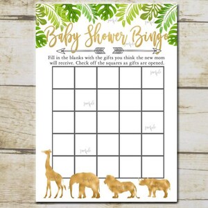 Gold Safari Baby Shower Bingo Game, Safari Greenery Elephant Baby ...