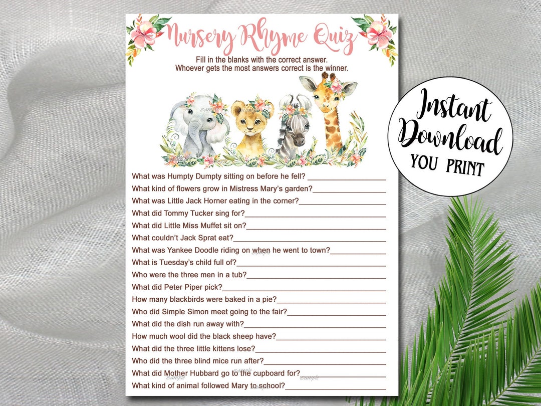 Girl Safari Baby Shower Baby Shower Game, Nursery Rhyme Quiz Game, Pink ...