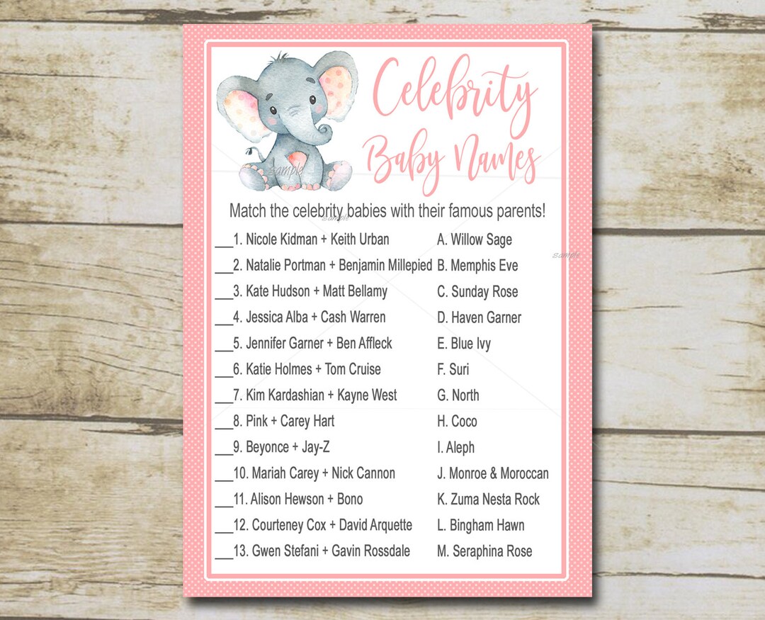 Elephant Baby Shower Game, Celebrity Baby Names Game, Pink Elephant ...
