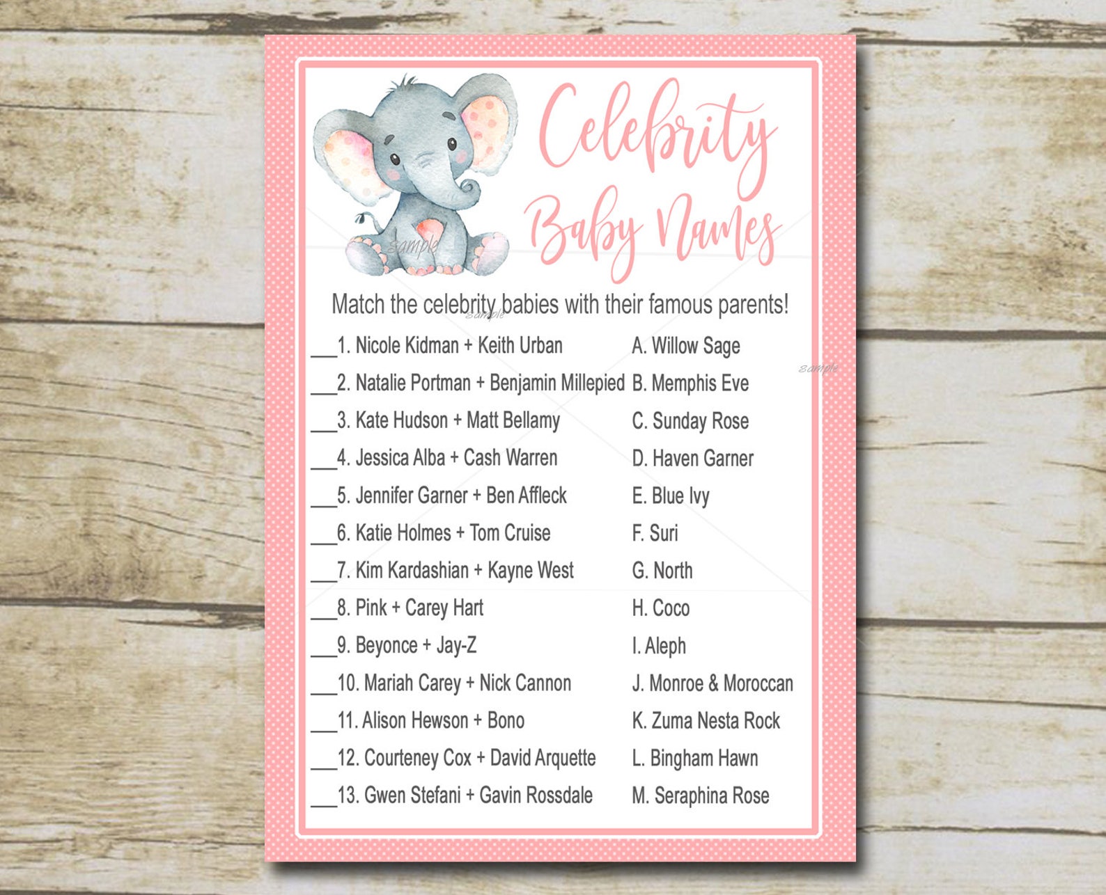 Elephant Baby Shower Game Celebrity Baby Names Game Pink - Etsy