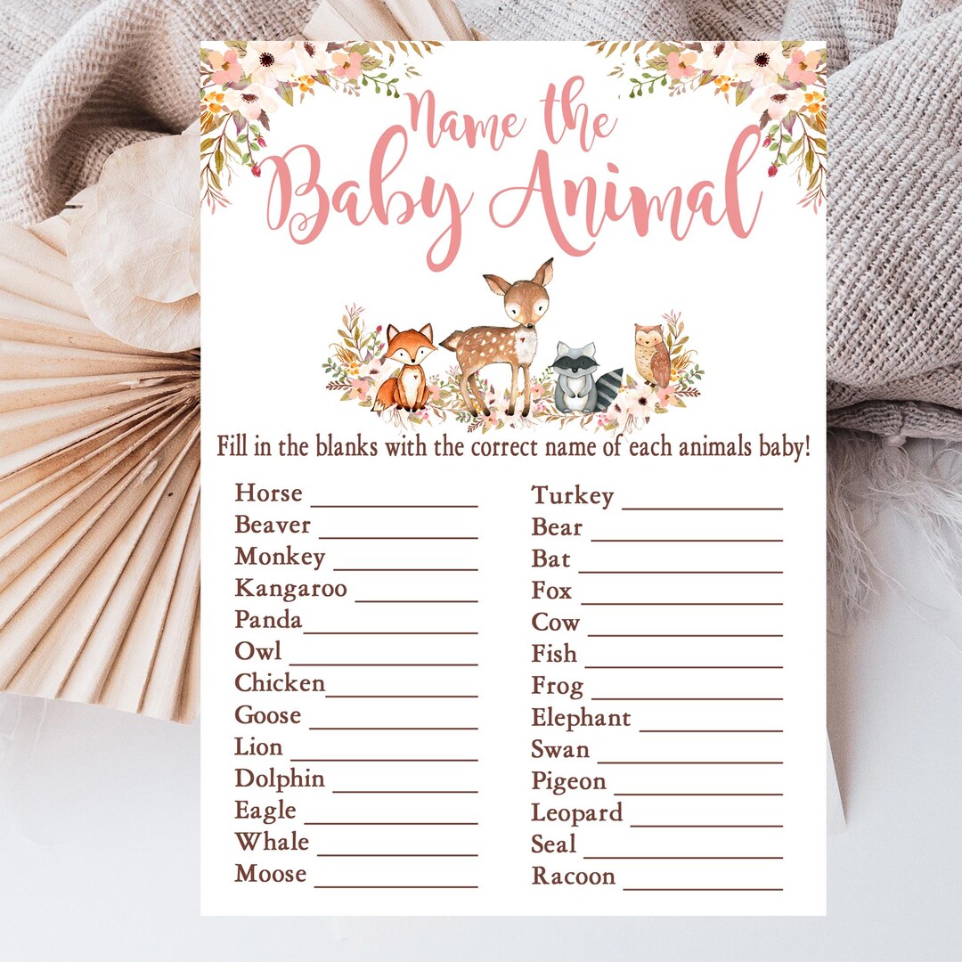 Woodland Baby Shower Game, Name the Baby Animals Game, Girl Pink Forest ...