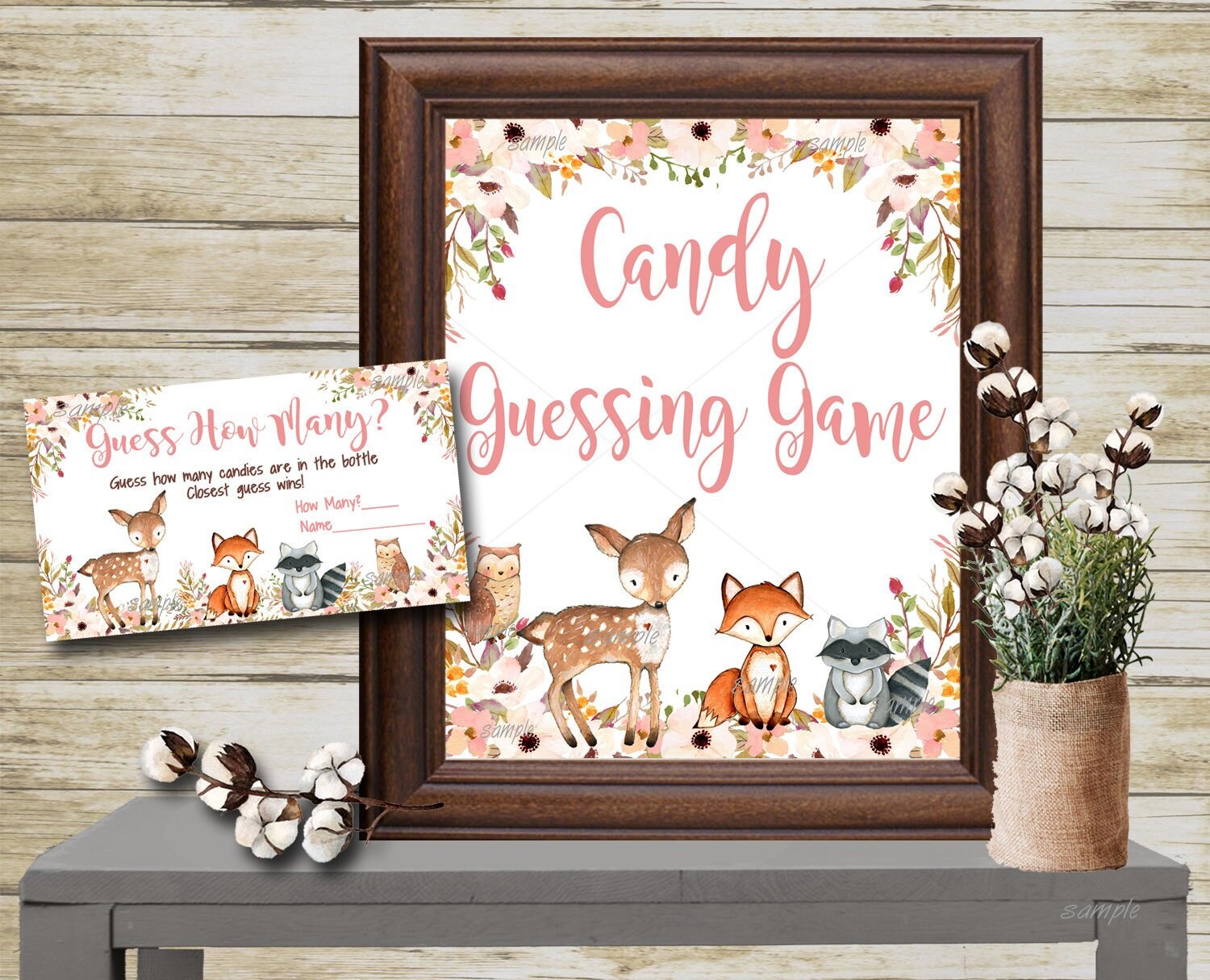 Girl Woodland Baby Shower Guess How Many Candy Guessing Game | Etsy