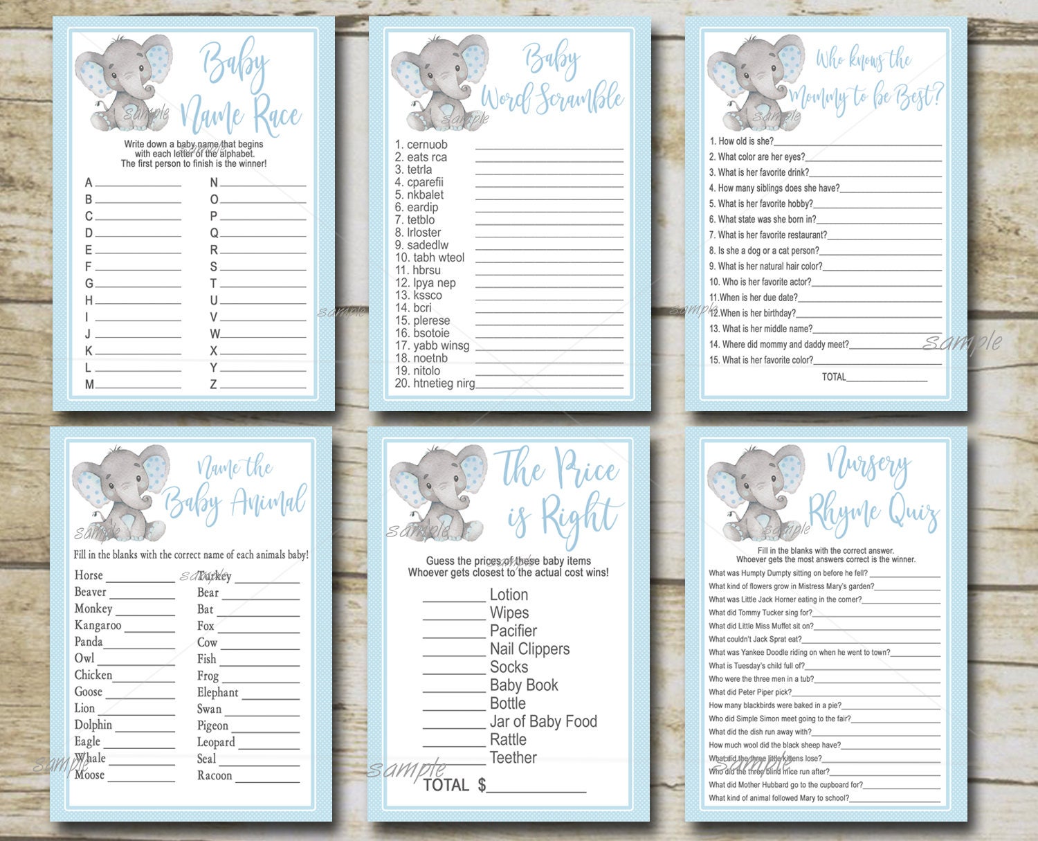 Boy Elephant Baby Shower Game Package Set, 8 Printable Blue Elephant ...