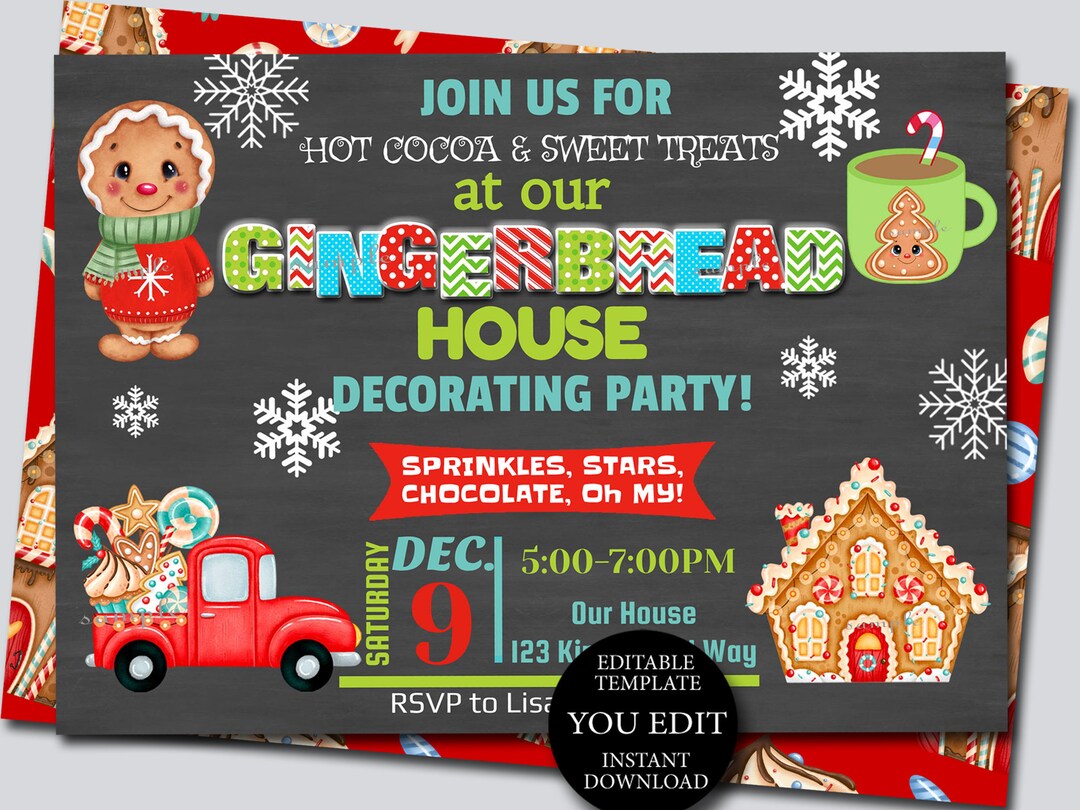 Editable Christmas Party Invitation, Gingerbread House Invite ...