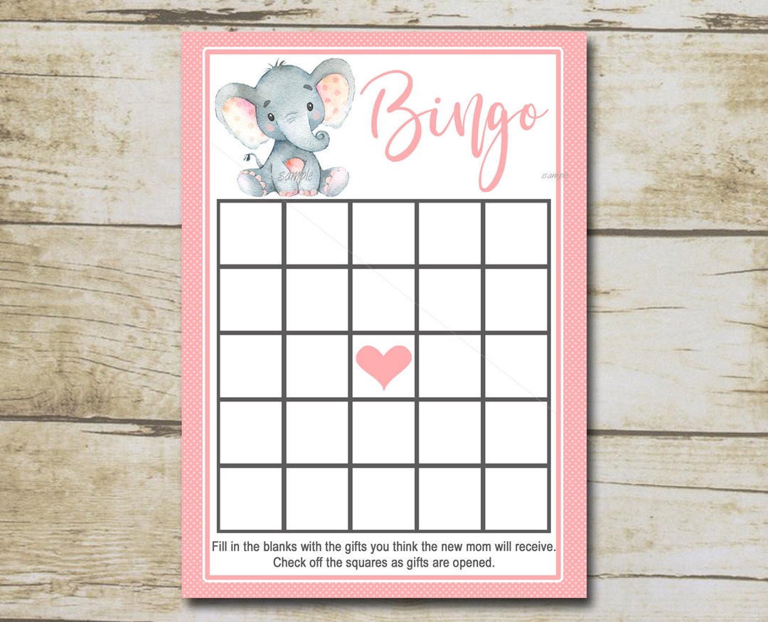 Girl Elephant Baby Shower Bingo Game, Pink Elephant Girl Baby Shower ...