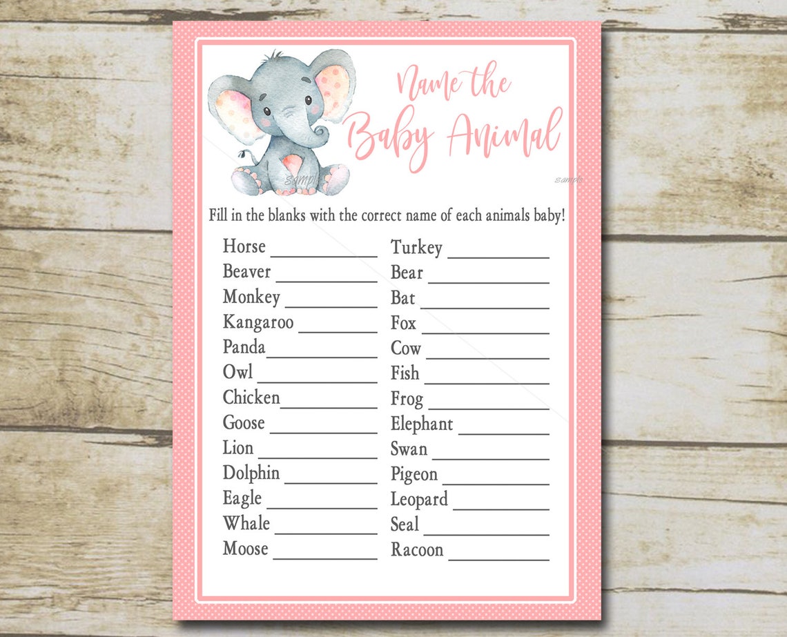 Girl Pink Elephant Baby Shower Game Name the Baby Animals - Etsy