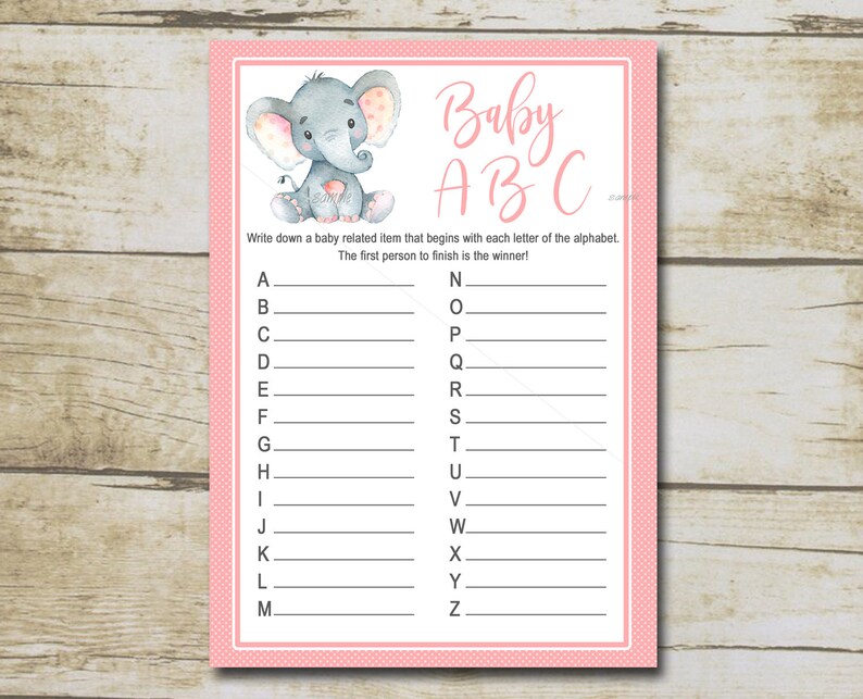 Elephant Baby Shower Game Baby Abc's Game Pink Elephant - Etsy