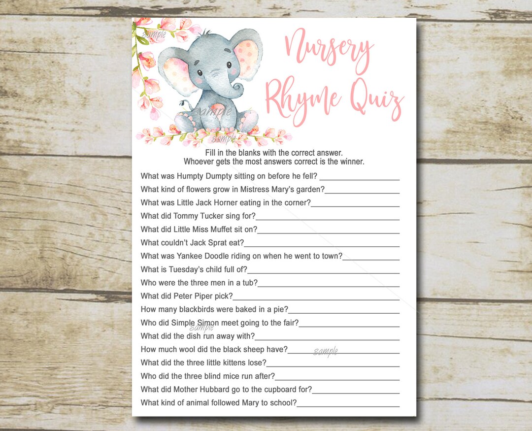 Girl Elephant Baby Shower Game, Nursery Rhyme Quiz Game Pink Floral ...