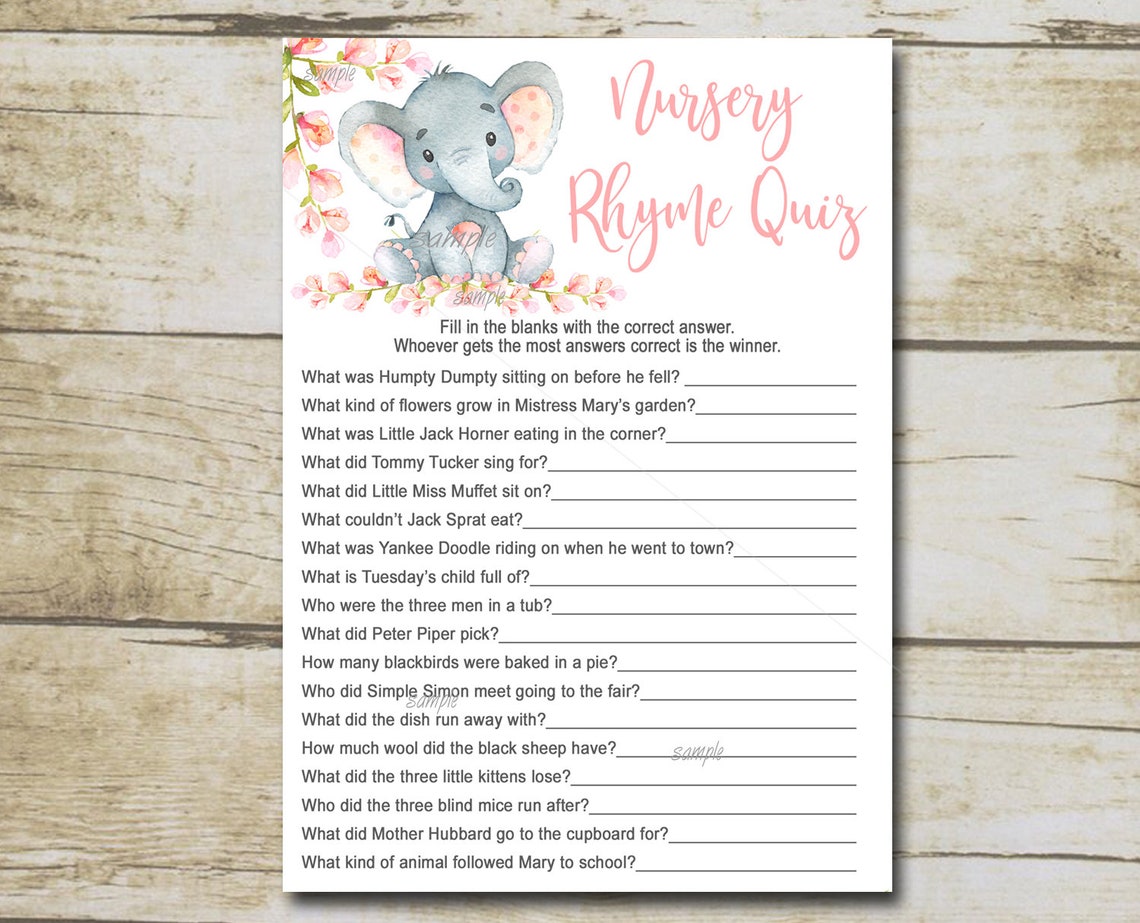 Girl Elephant Baby Shower Game Nursery Rhyme Quiz Game Pink - Etsy