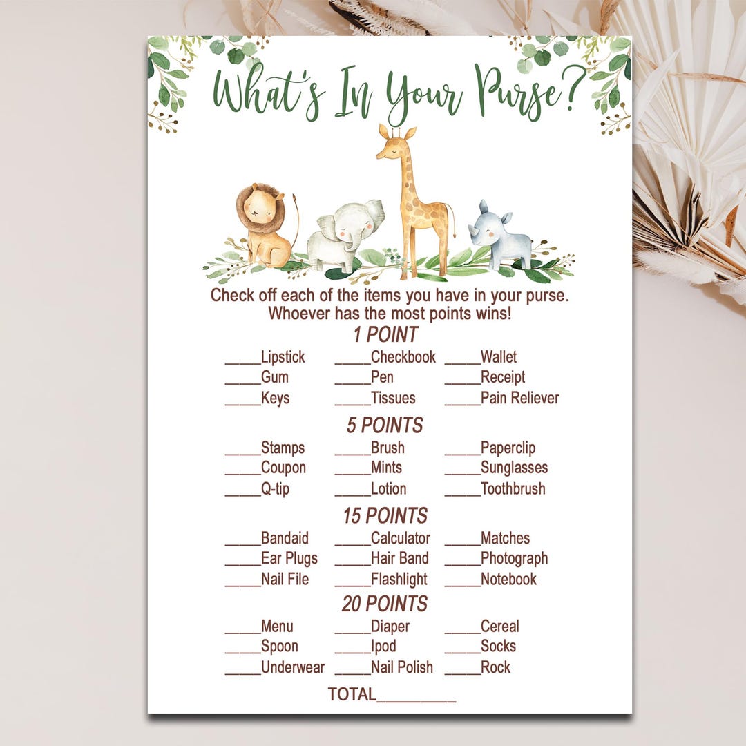 Safari Baby Shower Game, What's in Your Purse Game Gender Neutral ...