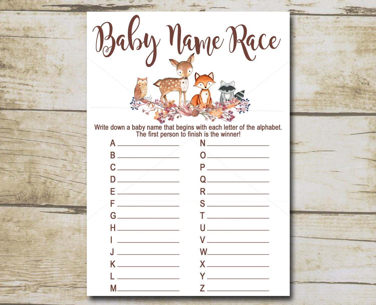 Woodland Baby Shower Game Baby Names Race Game Woodland | Etsy