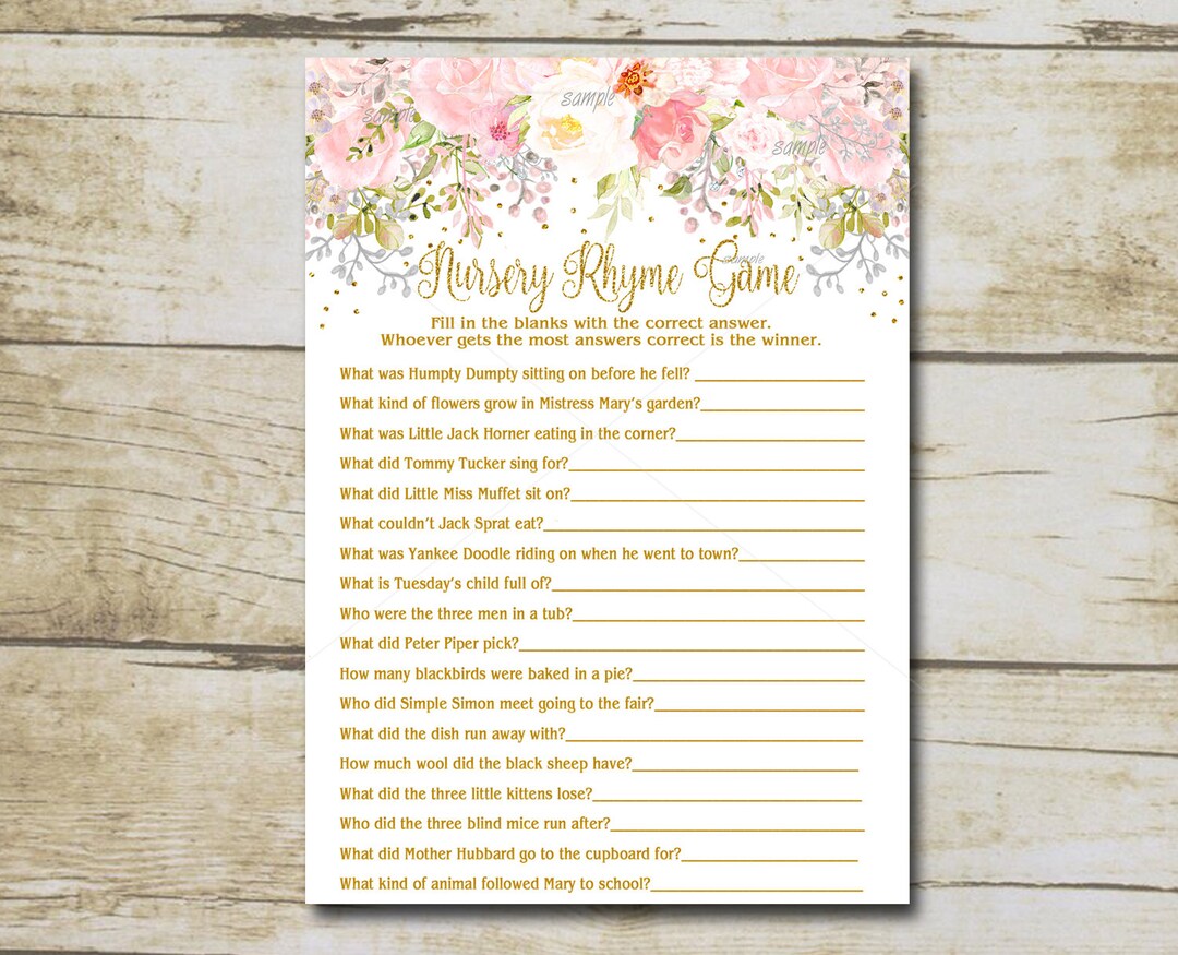 Pink & Gold Glitter Baby Shower Game, Nursery Rhyme Quiz Game, Girl ...