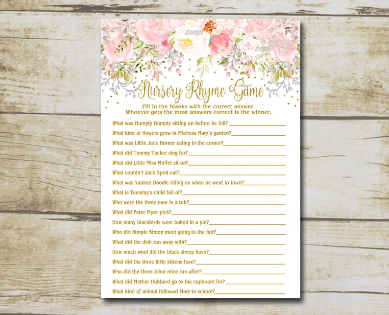 Pink & Gold Glitter Baby Shower Game Nursery Rhyme Quiz Game - Etsy