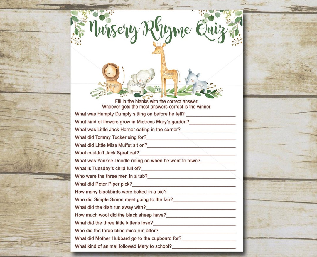 Safari Baby Shower Game, Nursery Rhyme Quiz Game Greenery Gender ...